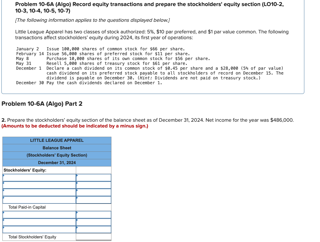 Solved Problem 10-6A (Algo) ﻿Record equity transactions and | Chegg.com