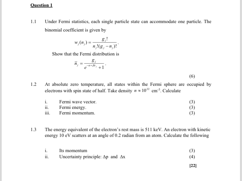 Solved Question 11.1 ﻿Under Fermi statistics, each single | Chegg.com