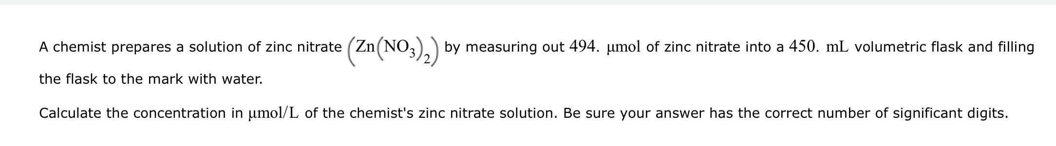 Solved A chemist prepares a solution of zinc nitrate | Chegg.com