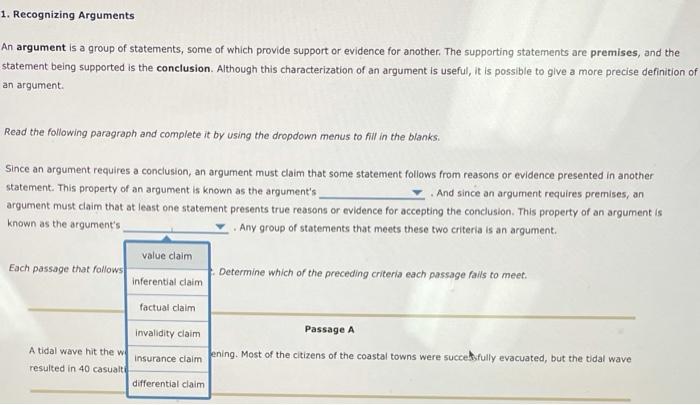 Solved 1. Recognizing Arguments An argument is a group of | Chegg.com