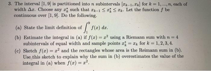Solved The interval [1,9] is partitioned into n subintervals | Chegg.com