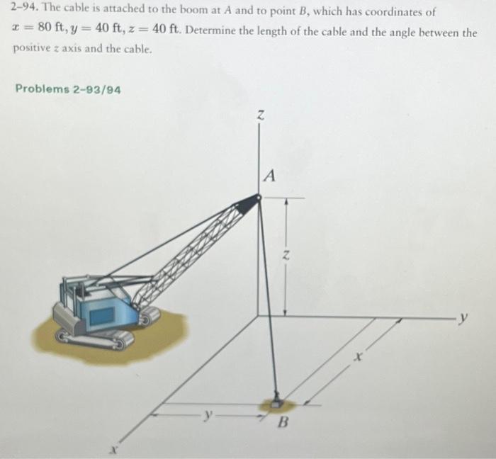 Solved 2-94. The cable is attached to the boom at A and to | Chegg.com
