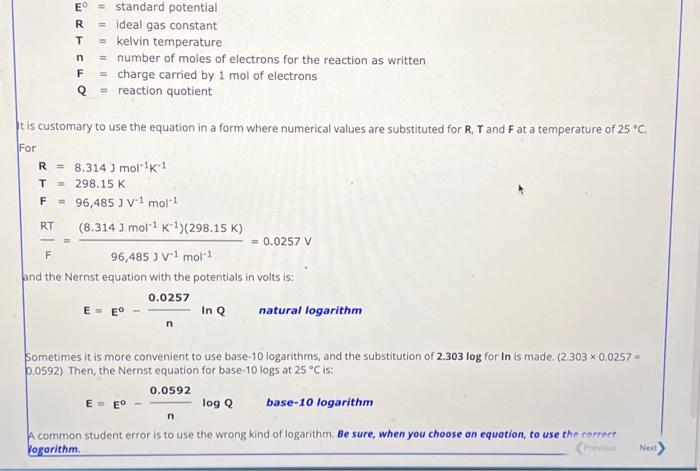 Solved The Nernst Equation A non-standard cell or half-cell | Chegg.com