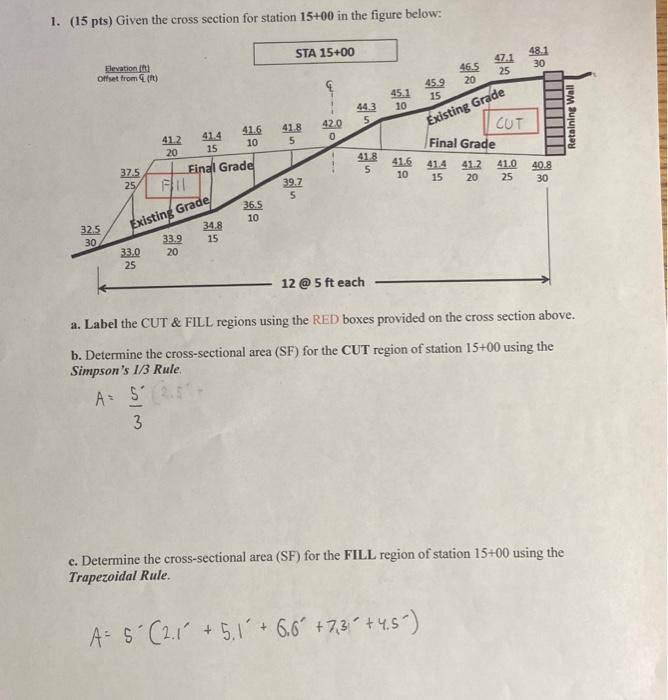 Solved 1. (15 pts) Given the cross section for station 15+00 | Chegg.com