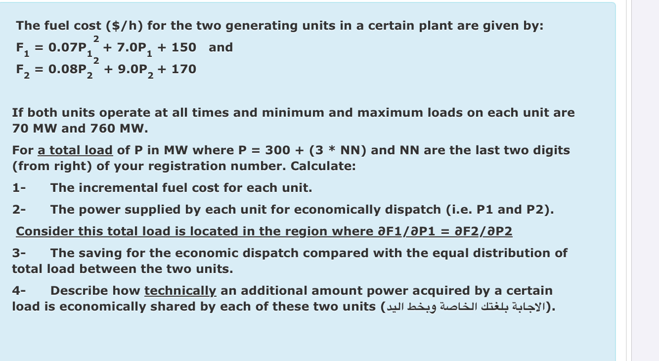 Solved The fuel cost ($h) ﻿for the two generating units in a | Chegg.com