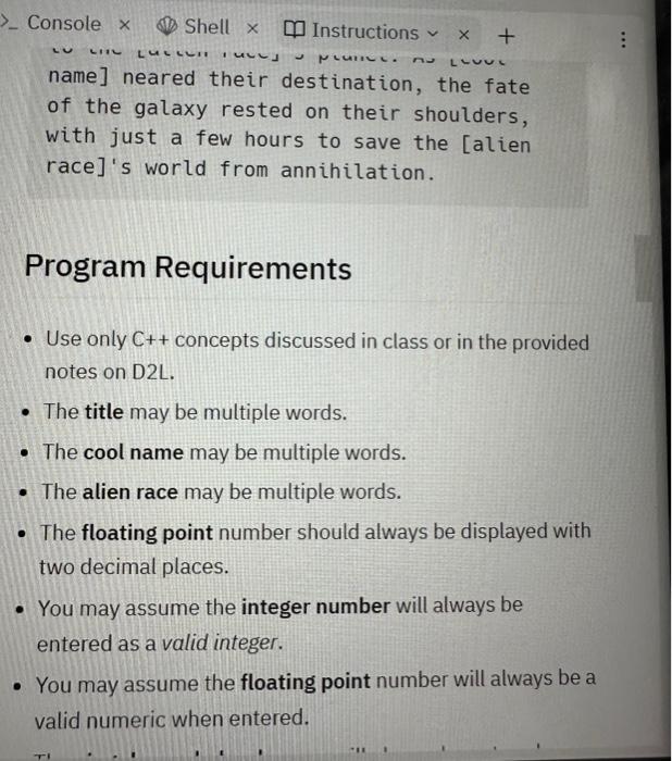 Solved - Console × Shell ×[[ Instructions ×+ name] neared | Chegg.com