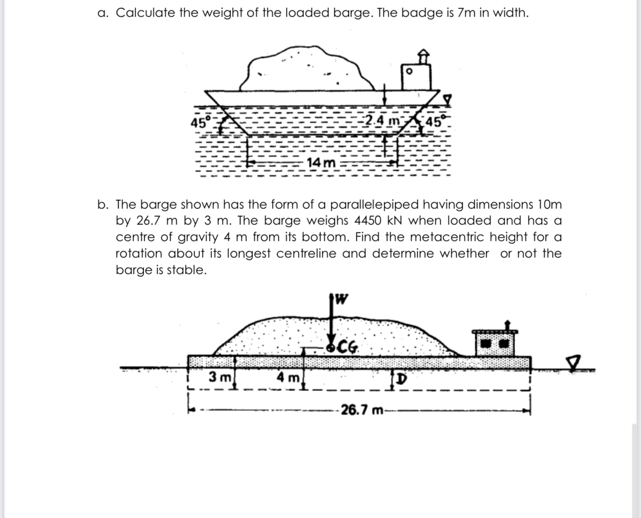 Solved a. ﻿Calculate the weight of the loaded barge. The | Chegg.com