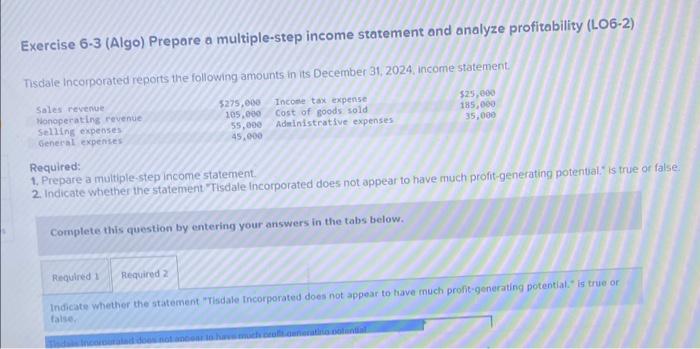 Solved Exercise 6-3 (Algo) Prepare a multiple-step income | Chegg.com