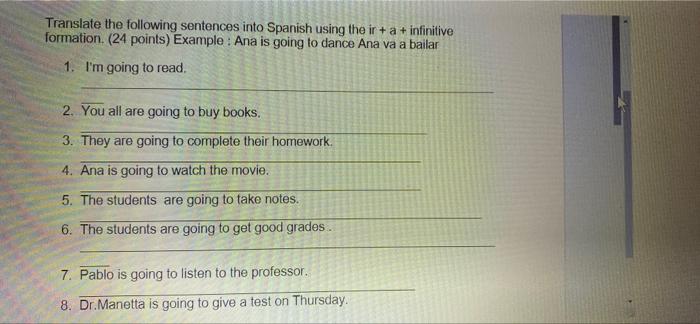 Translate the following sentences into Spanish using | Chegg.com