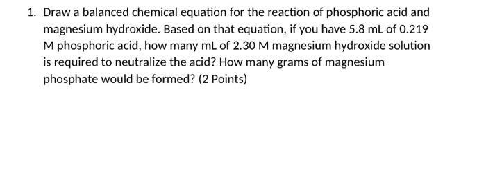 Solved 1. Draw a balanced chemical equation for the reaction | Chegg.com
