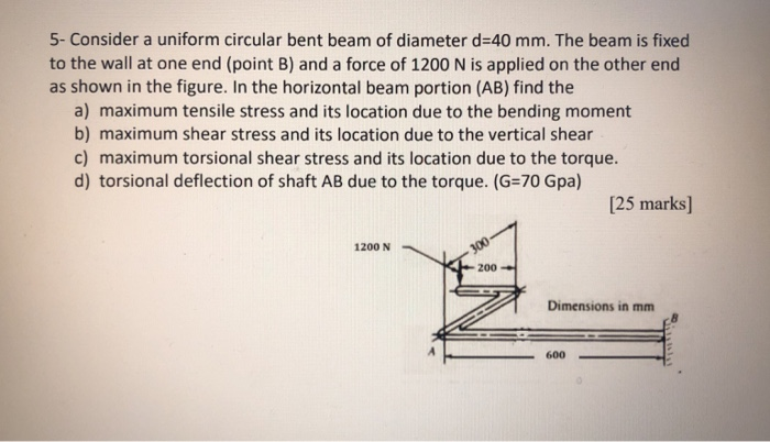 Solved 5- Consider a uniform circular bent beam of diameter | Chegg.com
