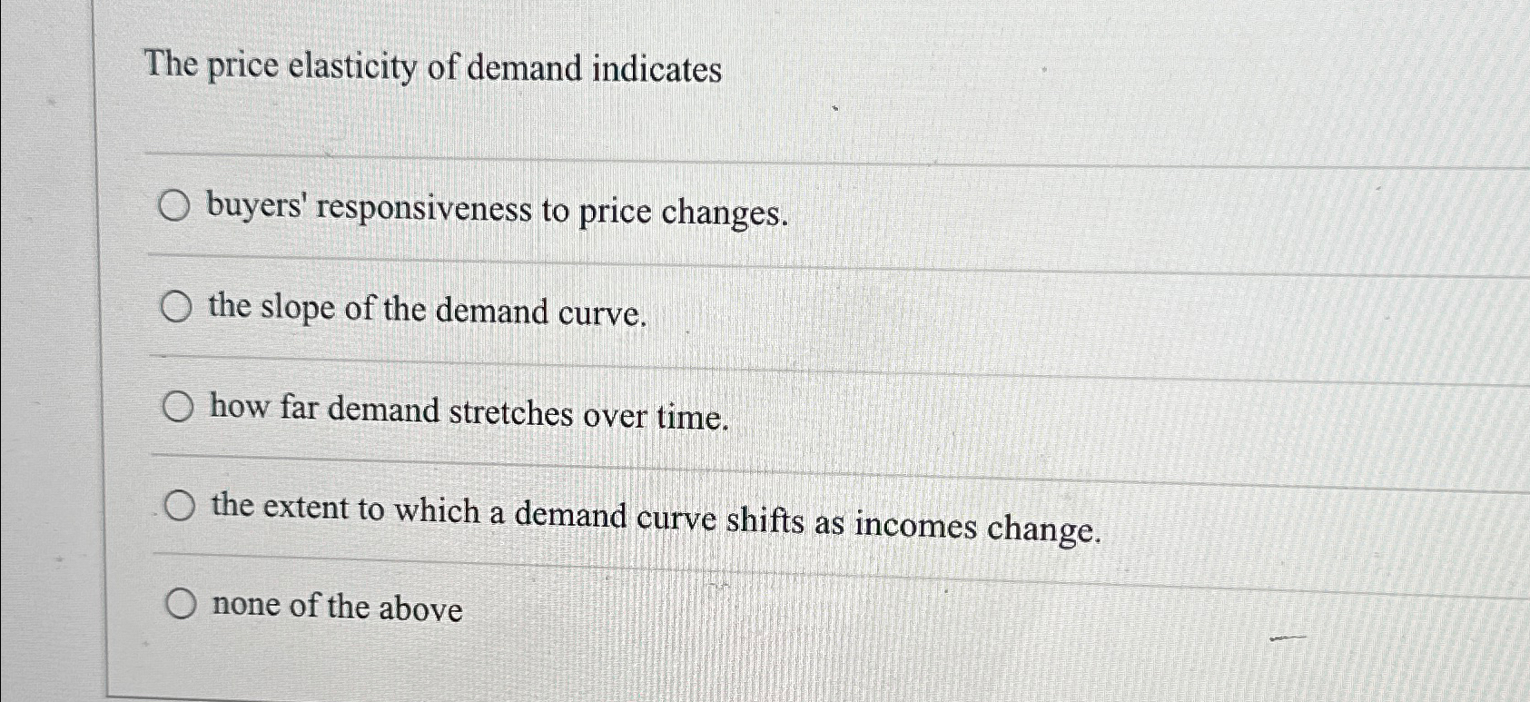 Solved The price elasticity of demand indicatesbuyers' | Chegg.com