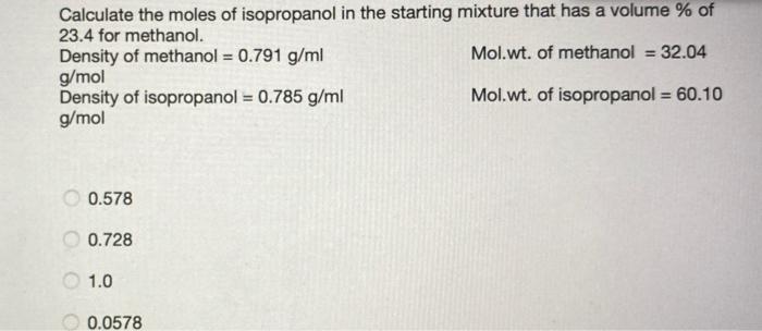Solved Calculate the moles of isopropanol in the starting | Chegg.com