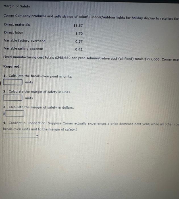 Solved Margin of Satety Comer Company produces and sells | Chegg.com