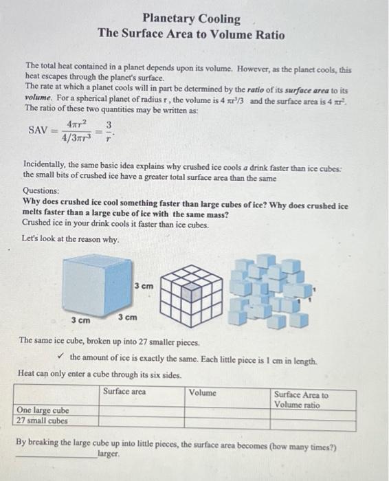 Solved Planetary Cooling The Surface Area to Volume Ratio | Chegg.com