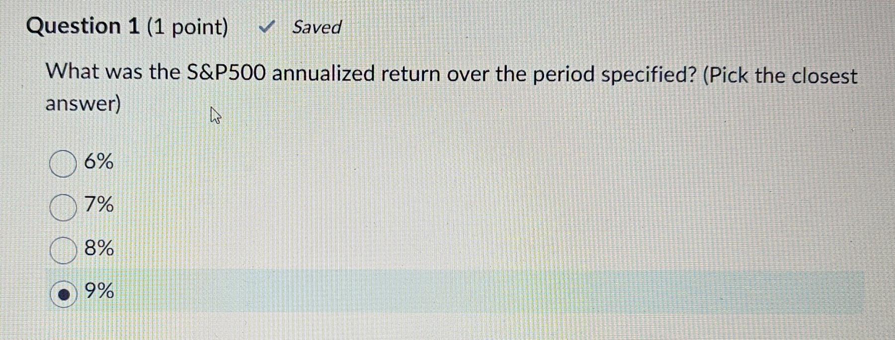 Solved Question 1 (1 ﻿point) ﻿SavedWhat was the S&P500 | Chegg.com