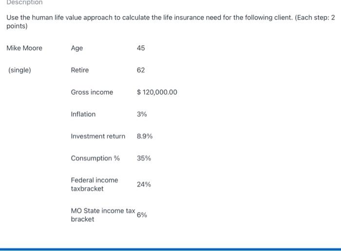 Solved Description Use the human life value approach to | Chegg.com