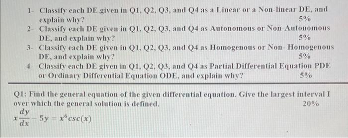 Solved 1- Classify each DE given in Q1, Q2, Q3, and Q4 as a | Chegg.com