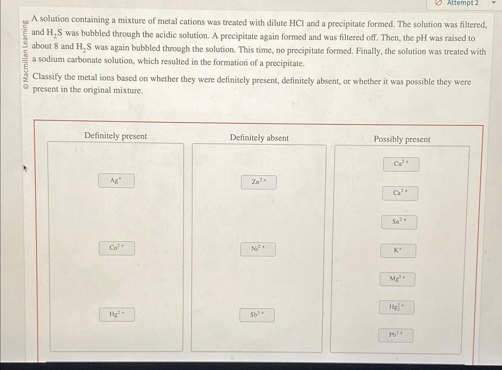 Solved Attempt 2A solution containing a mixture of metal | Chegg.com
