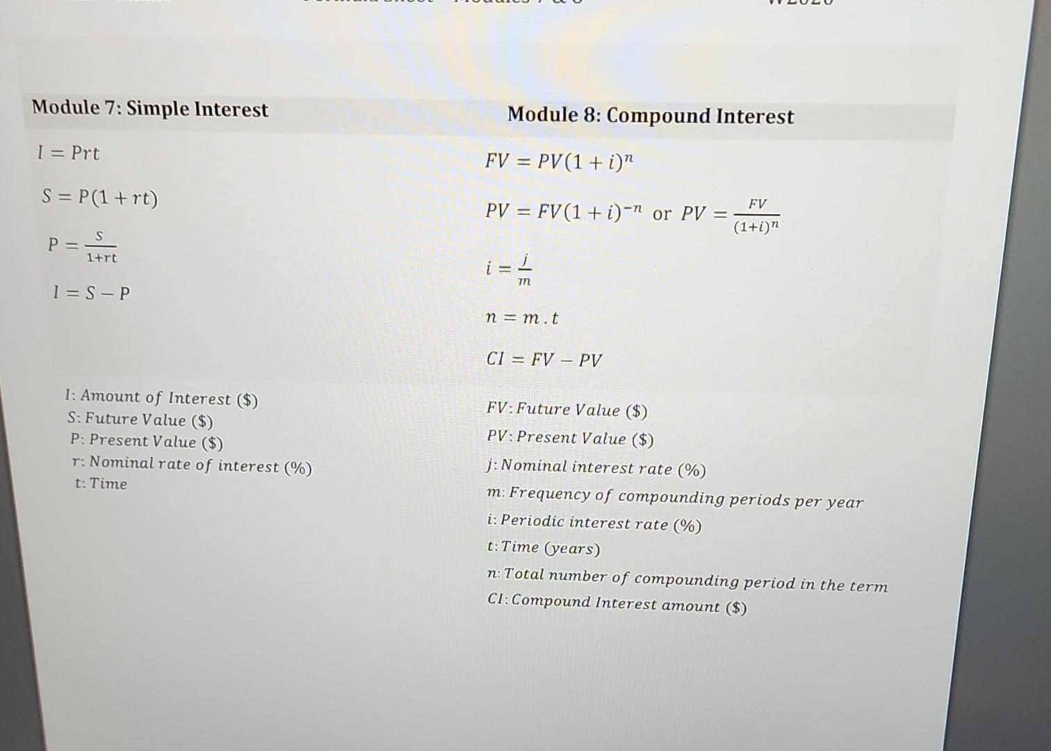Solved Module 7: Simple Interest I=PrtS=P(1+rt)P=1+rtsI=S−P | Chegg.com