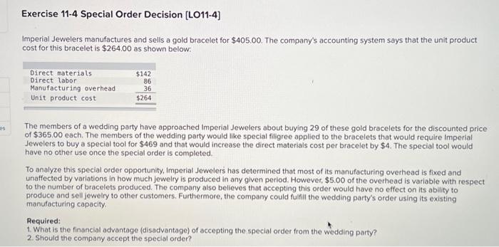 Solved Exercise 11-4 Special Order Decision [LO11-4] | Chegg.com