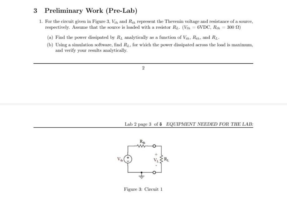 Solved 3 ﻿Preliminary Work (Pre-Lab)For the circuit given in | Chegg.com