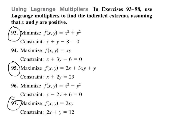 Solved Using Lagrange Multipliers In Exercises 93-98, use | Chegg.com
