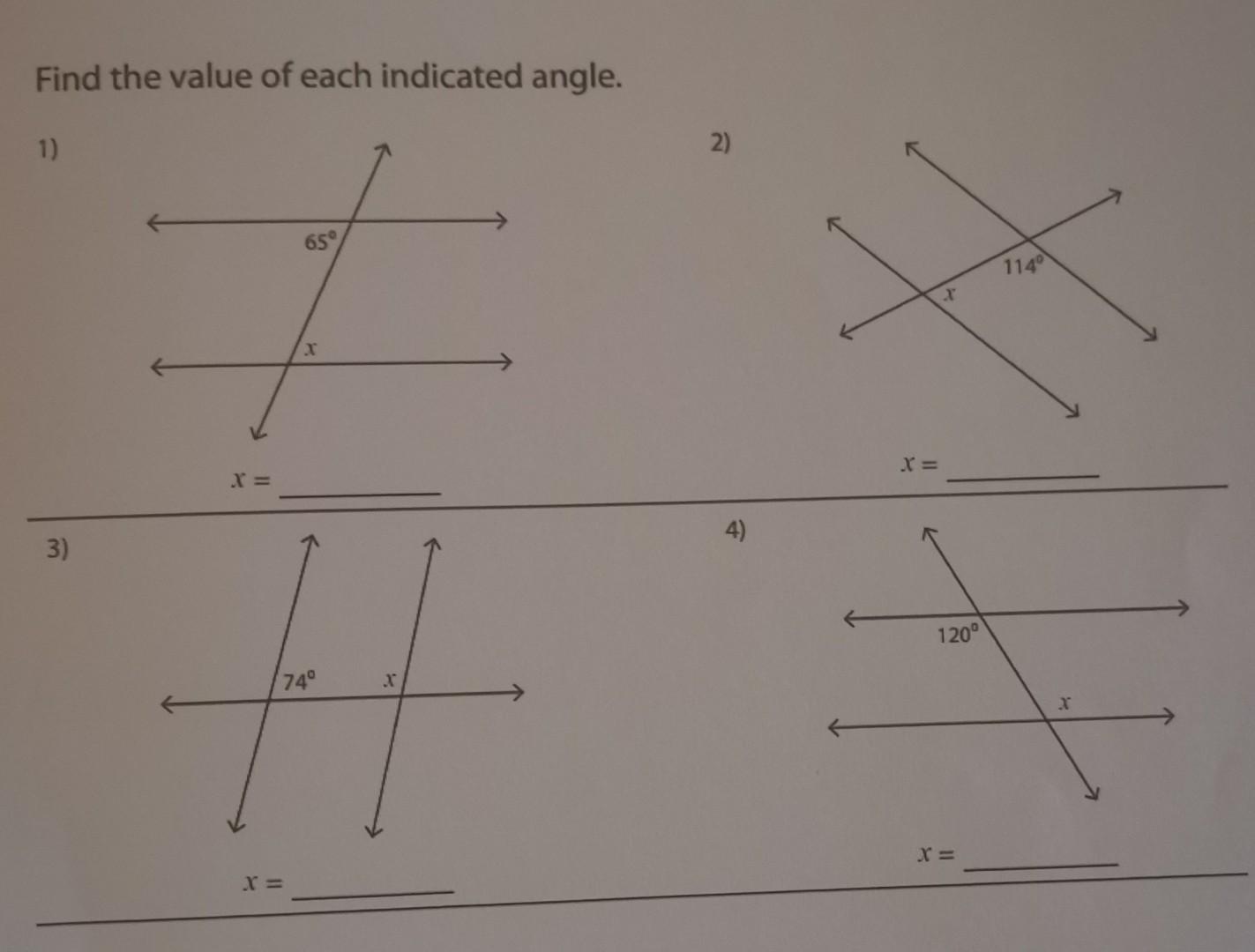 Solved Find the value of each indicated angle. 1) 2) x= x= | Chegg.com