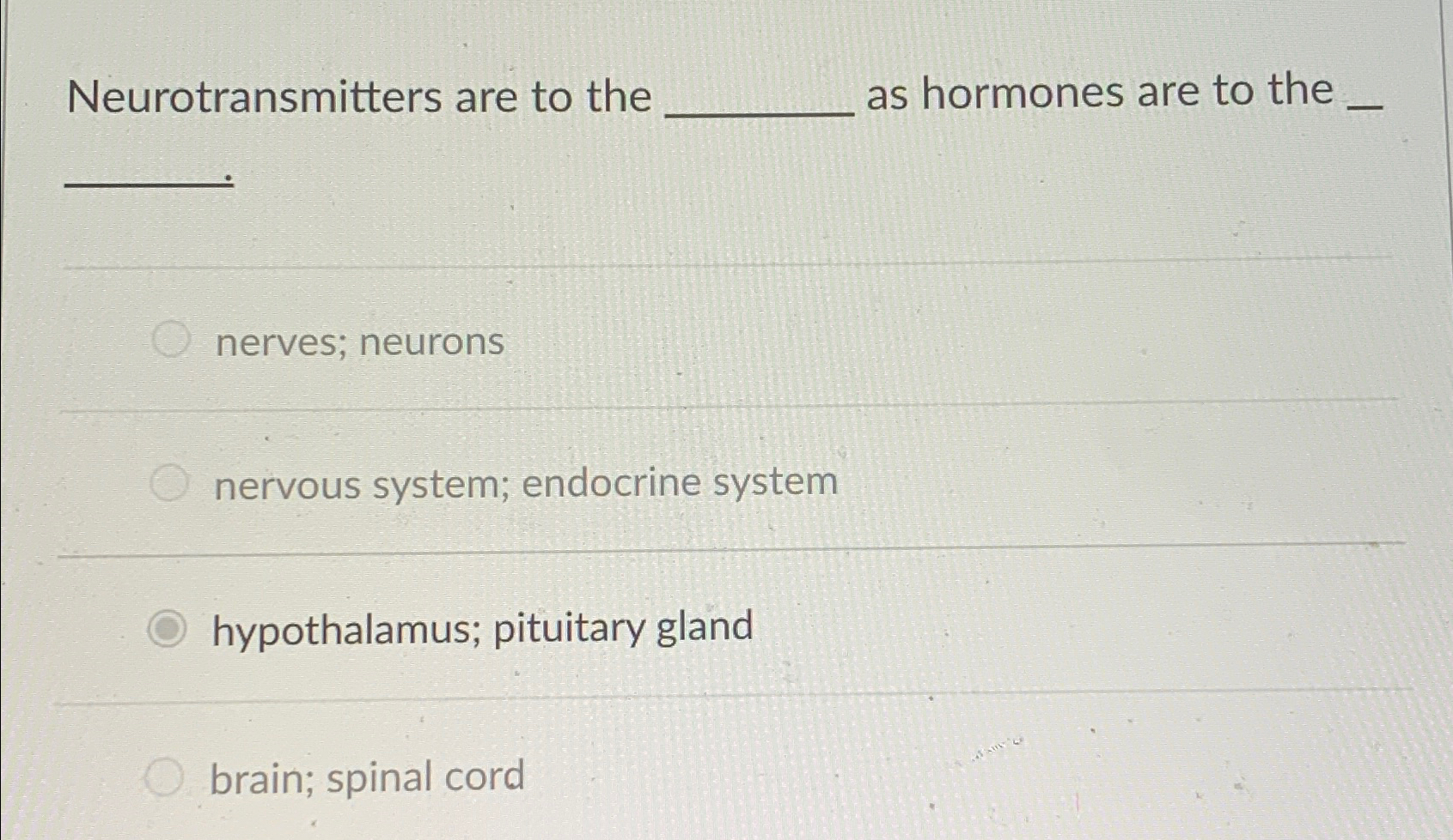 Solved Neurotransmitters are to the as hormones are to | Chegg.com