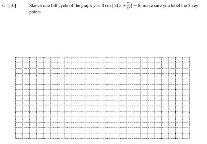 Solved Sketch one full cycle of the graph y=3cos[2(x+3π)]−5, | Chegg.com
