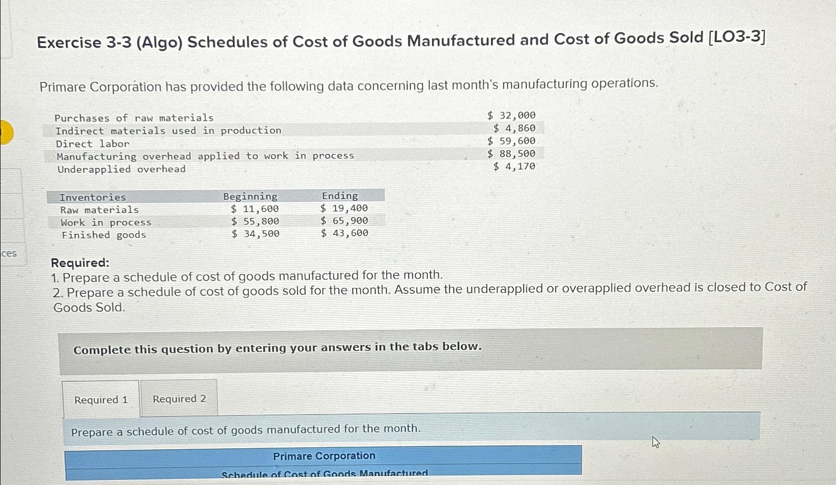 Solved Exercise 3-3 (Algo) ﻿Schedules of Cost of Goods | Chegg.com