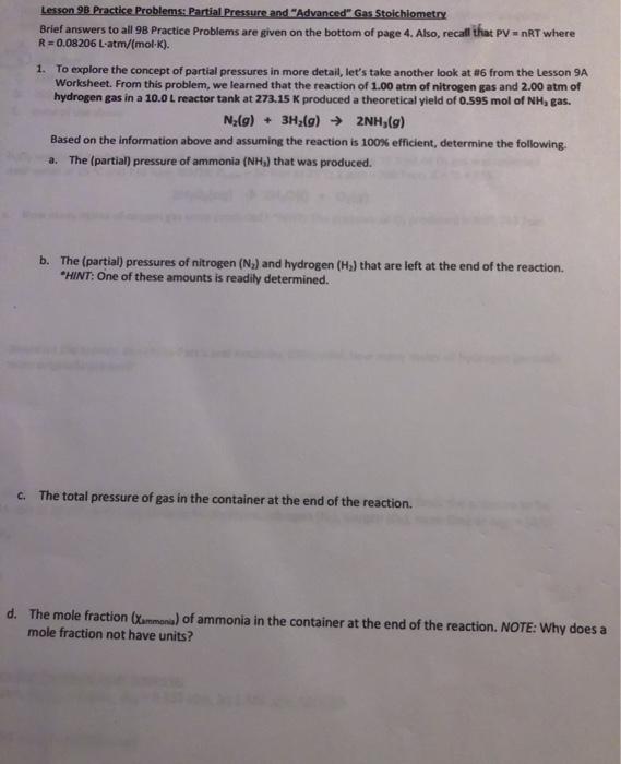Solved Lesson 98 Practice Problems: Partial Pressure and | Chegg.com
