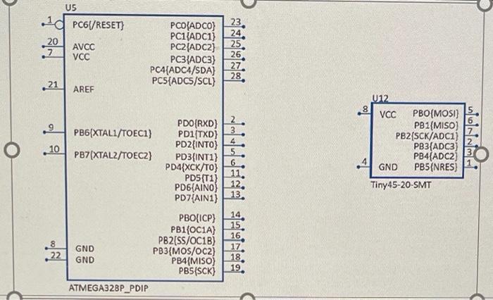 Solved U5 10 PC6[/RESET 20 7 AVCC VCC PCO(ADCO) PC1{ADC1) | Chegg.com