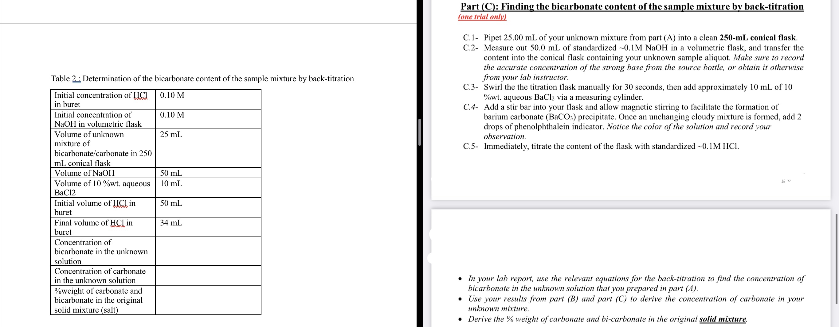 Solved Part (C): Finding the bicarbonate content of the | Chegg.com