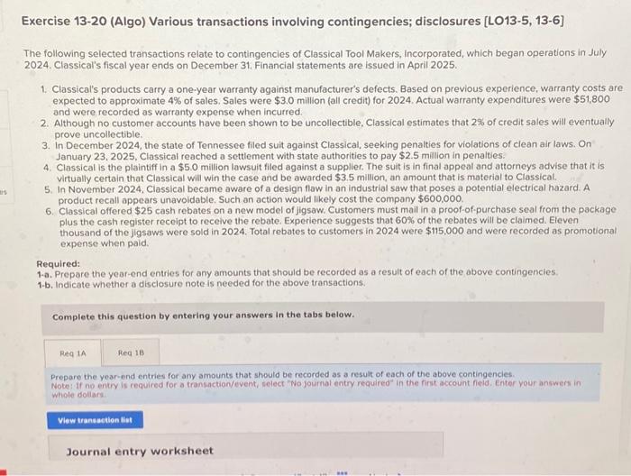 Solved Exercise 13-20 (Algo) Various transactions involving | Chegg.com