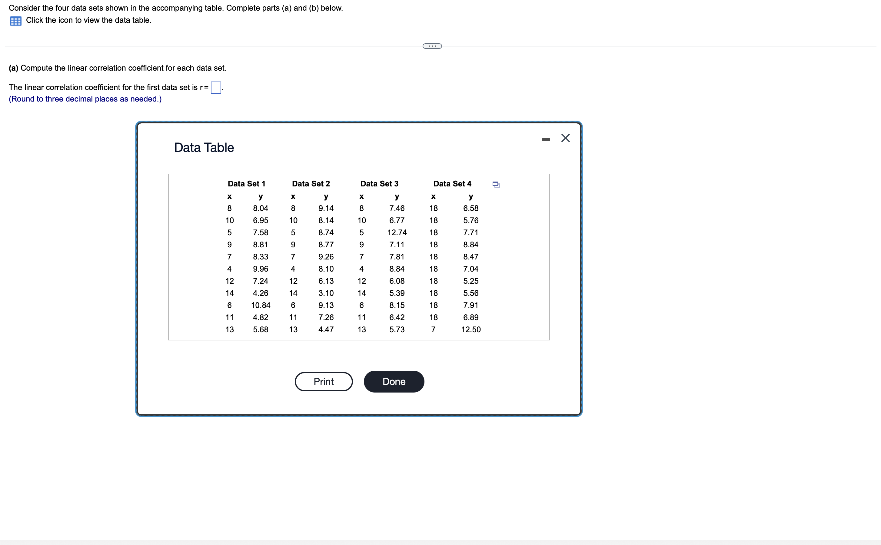 Solved Consider The Four Data Sets Shown In The Accompanying