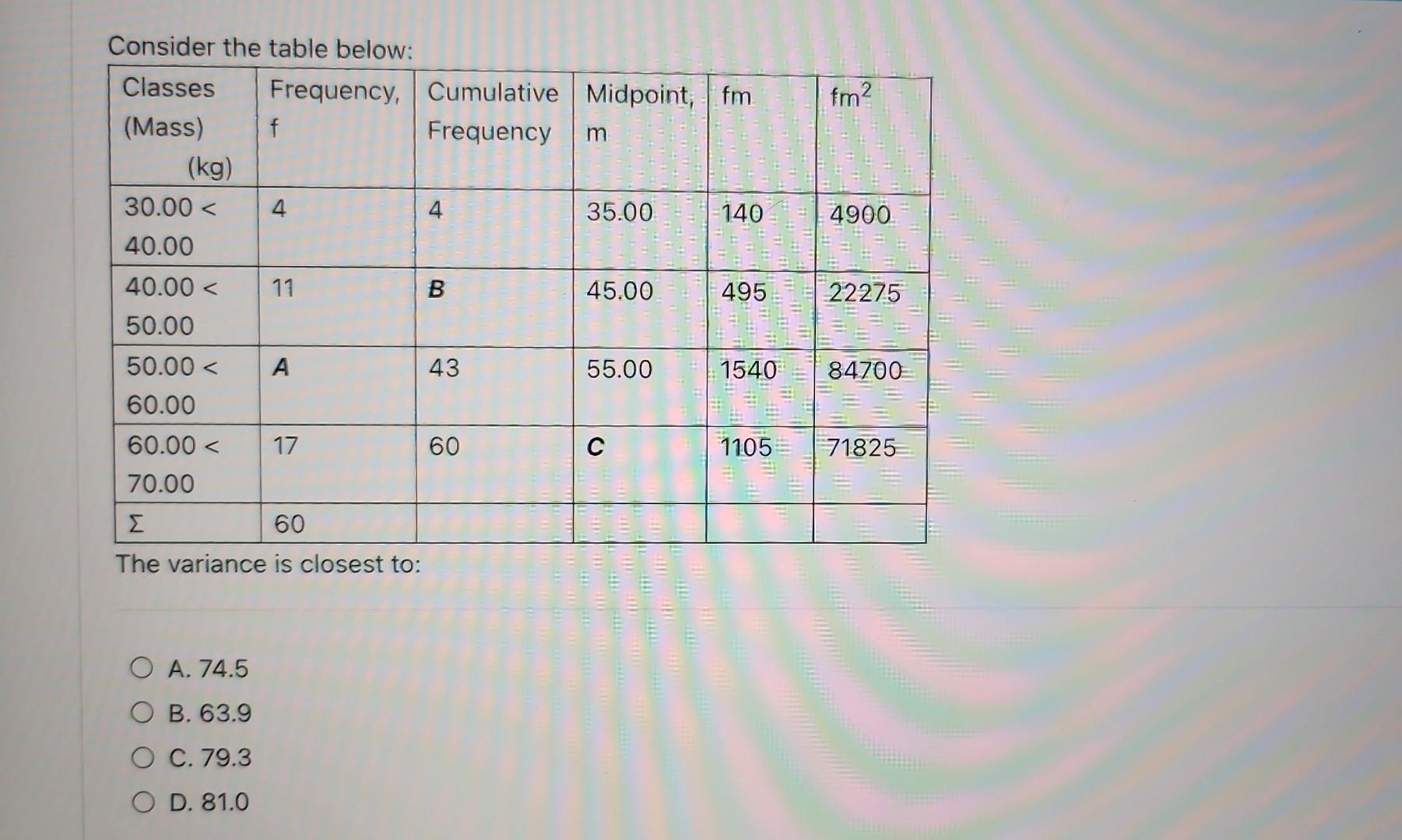 Solved Consider the tahle helniw The variance is closest to: | Chegg.com