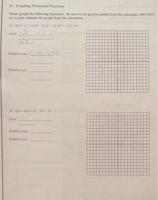 Solved IV. Graphing Polynomial Functions Please graph the | Chegg.com