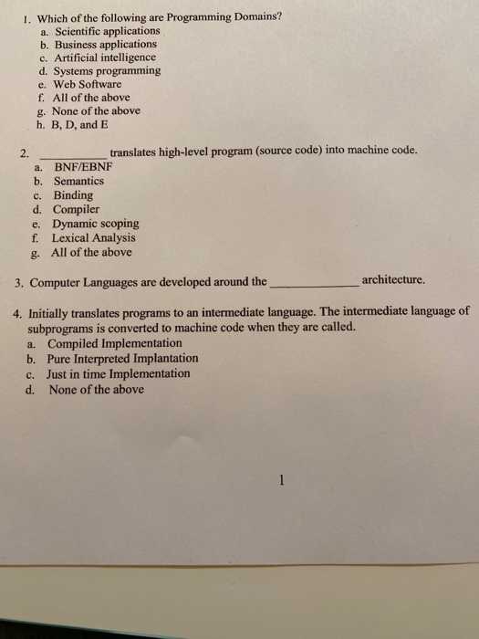 Solved 1. Which of the following are Programming Domains? a. | Chegg.com