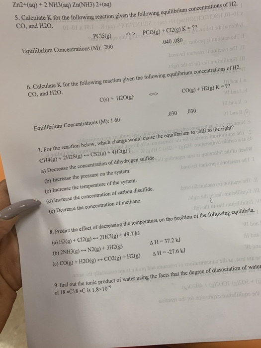 Solved Zn2+(aq) +2 NH3(aq) Zn(NH3)2+(aq) 5. Calculate K for | Chegg.com