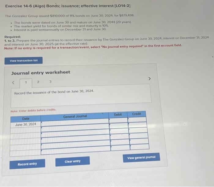 Solved Exercise 14-6 (Algo) Bonds; issuance; effective | Chegg.com