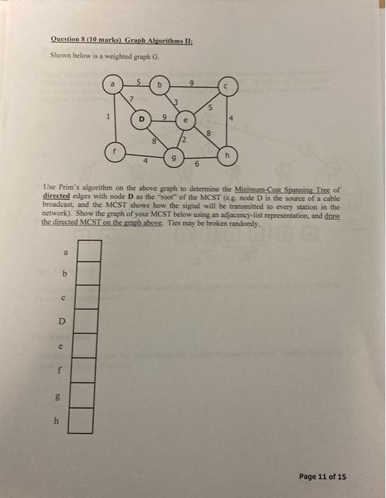 Solved Question 8 10 marks) Graph Algorithms. ll Shown below | Chegg.com