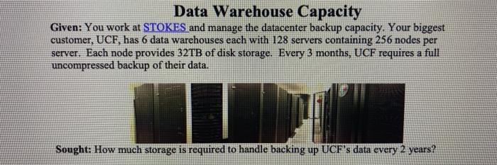 Solved Data Warehouse Capacity Given: You work at STOKES and | Chegg.com