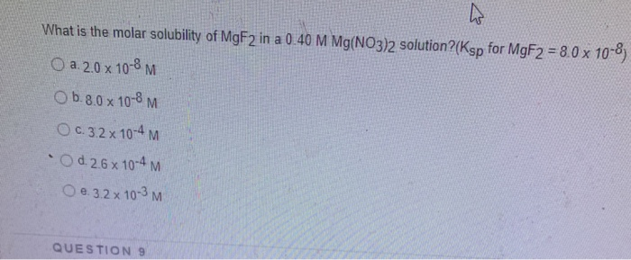 Solved ho What is the molar solubility of MgF2 in a 0.40 M | Chegg.com