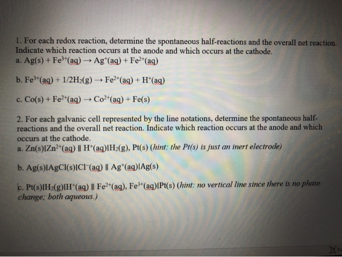 Solved 1. For each redox reaction, determine the spontaneous | Chegg.com