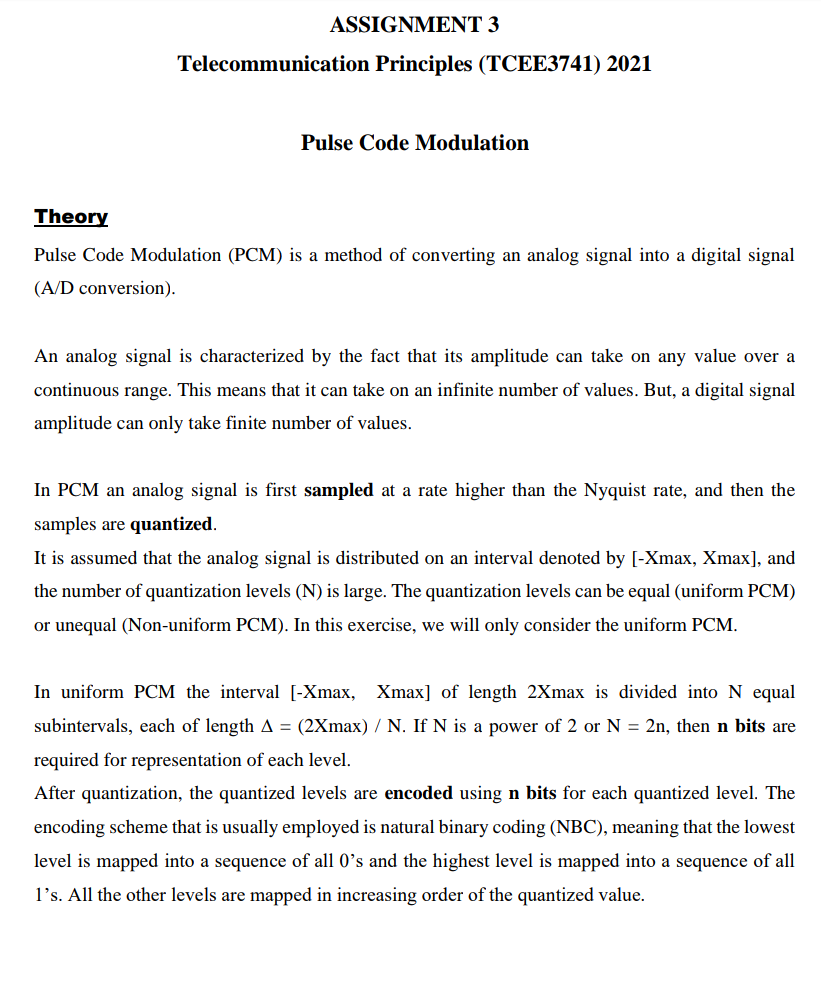ASSIGNMENT 3 Telecommunication Principles (TCEE3741) | Chegg.com