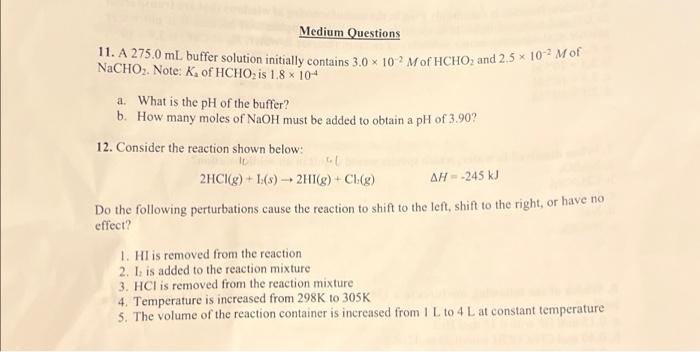 Solved Medium Questions 11. A 275.0 mL buffer solution | Chegg.com