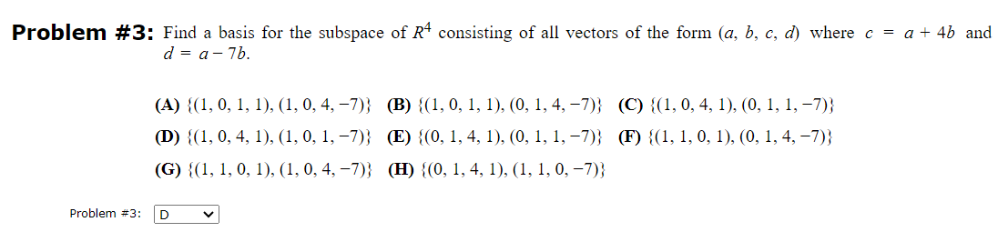 Solved Problem #3: Find a basis for the subspace of R4 | Chegg.com