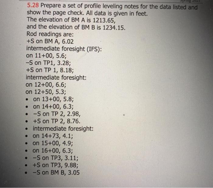 Solved 5.28 Prepare a set of profile leveling notes for the | Chegg.com