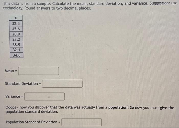 Solved This data is from a sample. Calculate the mean, | Chegg.com